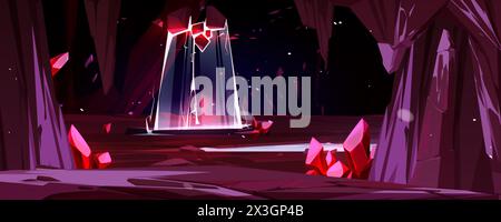 Cave interior with magic portal and ruby crystals. Vector cartoon ...