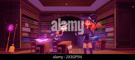 Magic library with wizard and witch students, flying glowing books and ...