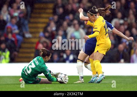 Barcelona goalkeeper Catalina Coll makes a save during the women's ...