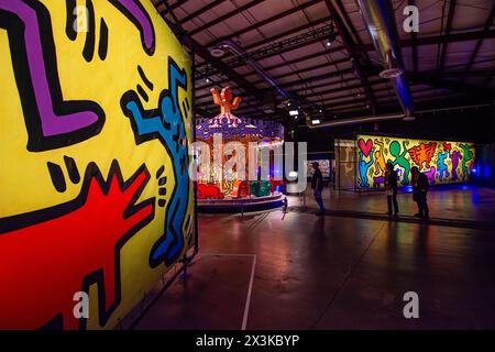 Industrially fabricated tarps and a painted carousel by Keith Haring ...