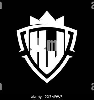 XJ Letter bold monogram with triangle curve shield shape with crown black and white background ...
