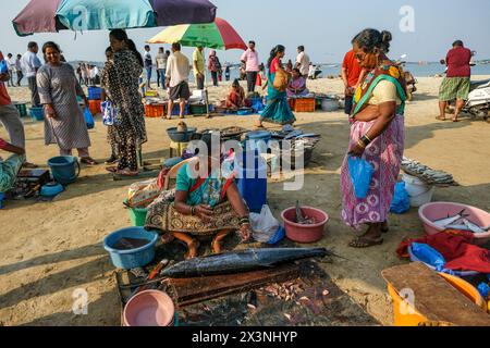 Malvan, India - February 7, 2024: Women selling fish at the Malvan fish ...