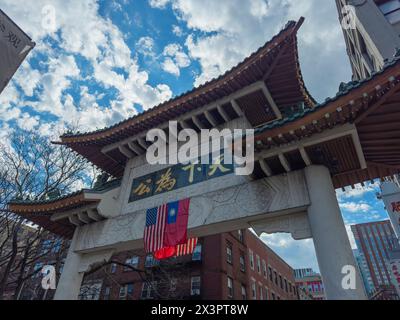 Chinatown Gateway Paifang with US national flag and Republic of China (Taiwan) flag hanging on ...