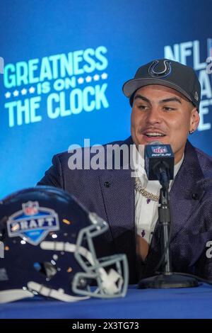 Indianapolis Colts first-round draft choice Tyler Warren speaks during ...