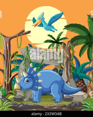 Colorful dinosaurs in a vibrant prehistoric setting Stock Vector Image ...