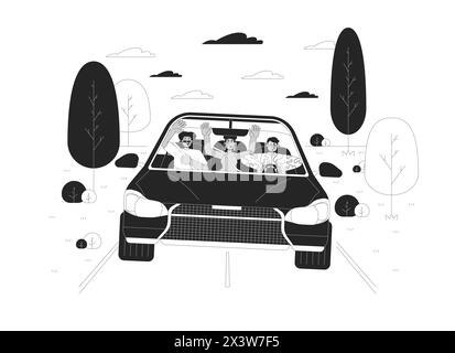 Friends scared by aggressive driving black and white cartoon flat ...