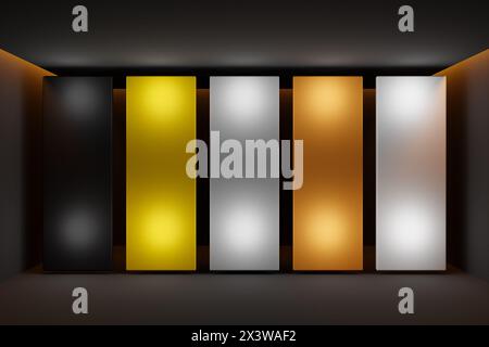 3D illustration of a layout of multi-colored screens in a black room ...