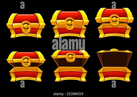 Cartoon treasure chest box animation. Golden coins and gemstones in ...