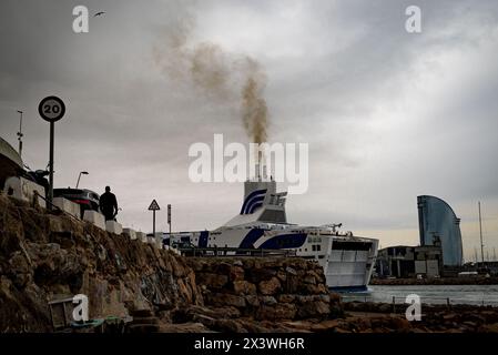 Ferry ship smokestacks gives off smoke while heading the port of ...