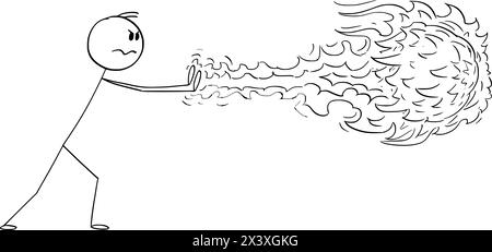 Wizard casts a fire magic or fireball spell, vector cartoon stick ...