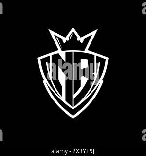 NR Bold letter logo with sharp triangle shield shape with crown inside white outline on white ...