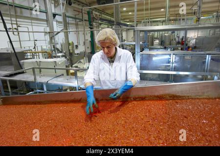 Production line of canned vegetables and beans in glass bottle, Cooked ...