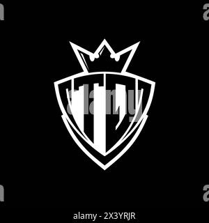 TQ Bold letter logo with sharp triangle shield shape with crown inside white outline on white ...