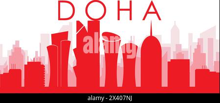 Vector illustration of Doha, monochrome horizontal poster with linear ...
