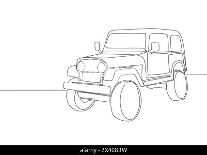 Single line drawing of 4x4 speed trail hill jeep car. Offroad adventure ...