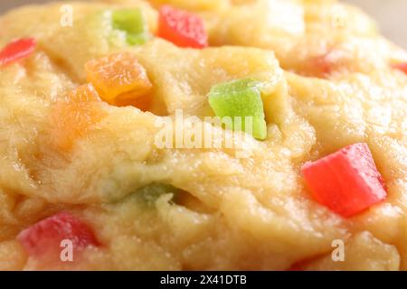 Texture of raw dough with candied fruits as background, closeup Stock ...