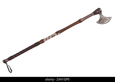 antique battle axe with long wooden handle on white background Stock ...