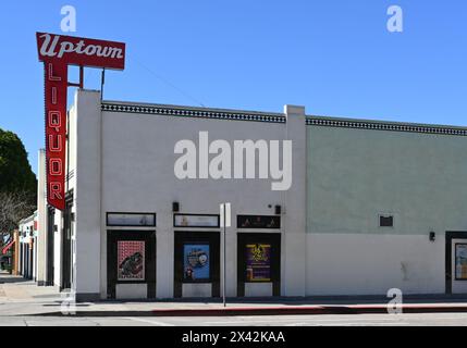 WHITTIER, CALIFORNIA - 28 APR 2024: Rocket Convenience Store sign atop the store on Whittier ...