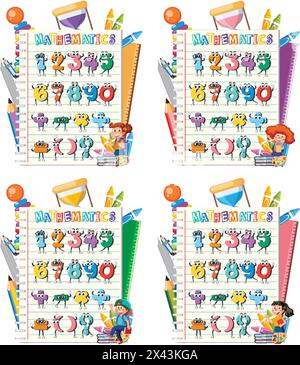 School math notebook cover. Colorful childish numbers floating in the ...