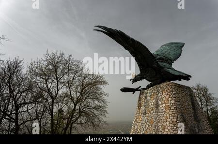 Tatabanya, Hungary - April 1, 2024: Huge turul bird statue in Tatabanya ...
