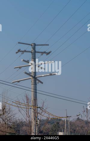 Close-up view of an electric tower with a beautiful blue sky background ...