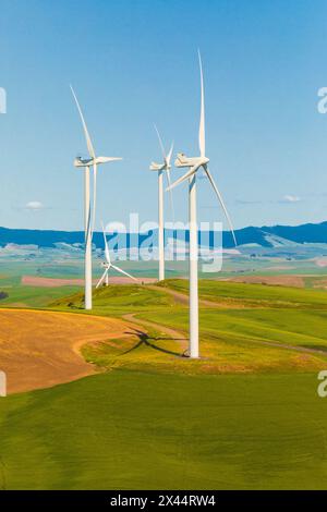 USA, Washington State, Palouse. Oakesdale. White wind turbines ...