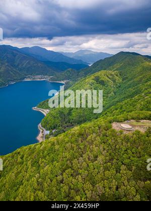 Aerial view of the volcanic Lake Saiko in the Mount Fuji area of Japan ...