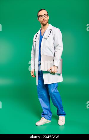 Young man doctor against green background Stock Photo - Alamy