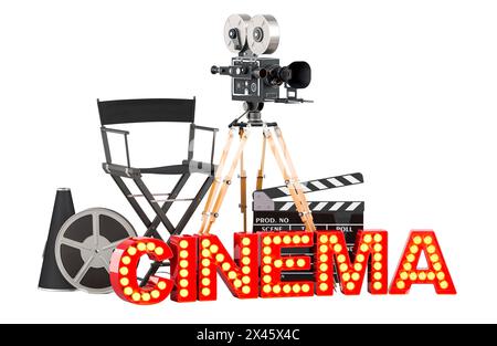 Cinema signboard from golden light bulb letters, retro glowing font. 3D ...