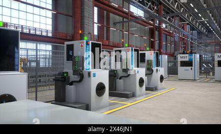 Facility with rows of industrial machines, manufacturing conveyor belts ...