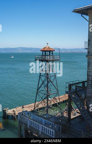 Guard tower at Alcatraz prison, metal framework with lookout, USA Stock ...