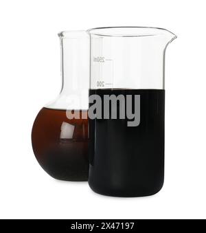 Beaker and flask with different types of crude oil isolated on white ...