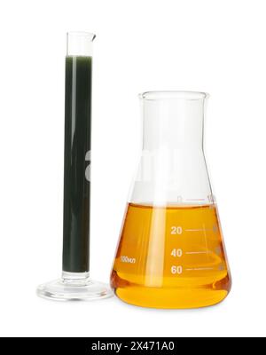 Test tube and flask with different types of oil isolated on white Stock ...