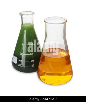 Two flasks with different types of crude oil isolated on white Stock ...