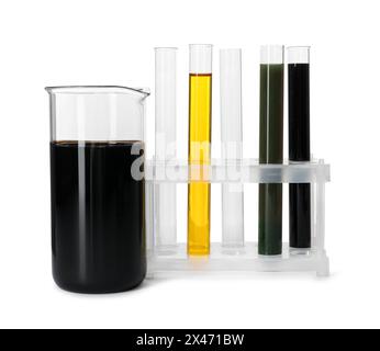 Beaker and test tubes with different types of oil isolated on white ...