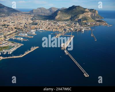 AERIAL VIEW. The harbor of Palermo with the ferry terminals. Province ...