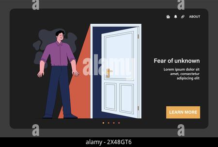 Fear of unknown. Terrified man standing by half open secret door ...