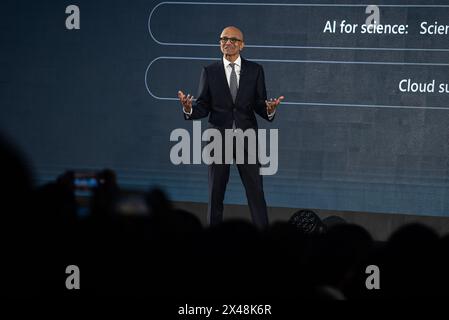 Microsoft Chairman and CEO Satya Nadella speaks during a presentation ...