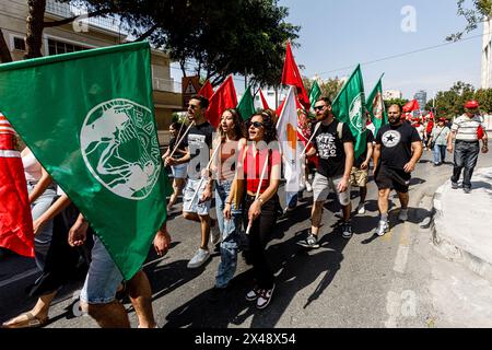 Limassol, Limassol, Cyprus. 1st May, 2024. A woman gives a speech to ...