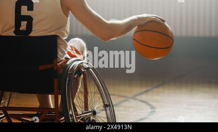 Wheelchair Basketball Game: Professional Players Competing, Dribbling ...