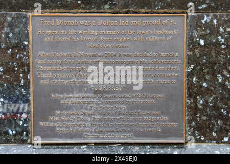Memorial plaque of Dr Fred Dibnah MBE, in Bolton Lancashire Stock Photo ...