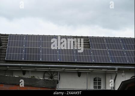 Solarpanele, Solarmodule einer Photovoltaik Anlage auf dem Dach eines ...