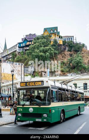 Trolley bus on the street, Valparaiso, Chile Stock Photo - Alamy