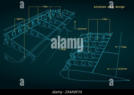 Vector illustration of drawings of the wings of an airplane and its ...