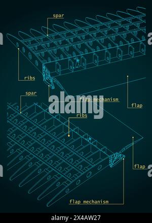Stylized vector illustration of Aircraft Wing Structure and flaps systems drawings Stock Vector ...