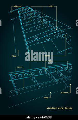 Vector illustration of drawings of the wings of an airplane and its ...