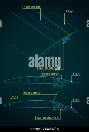 Stylized vector illustration of Aircraft Wing Structure and flaps systems drawings Stock Vector ...