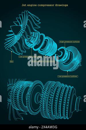 Stylized vector illustration of drawings of a jet engine compressor ...