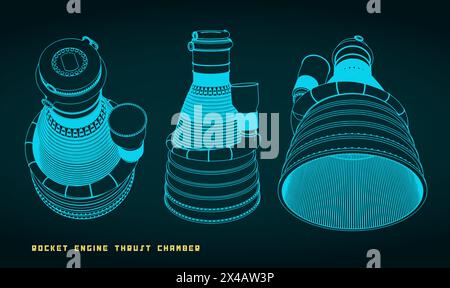 Stylized vector illustration of rocket engine thrust chamber drawings ...