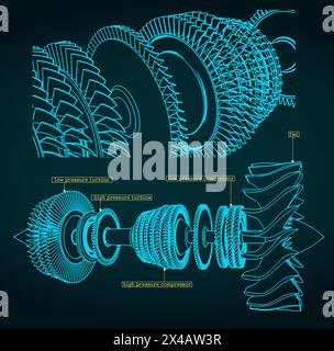 Stylized vector illustration of blueprints of compressor stator case ...